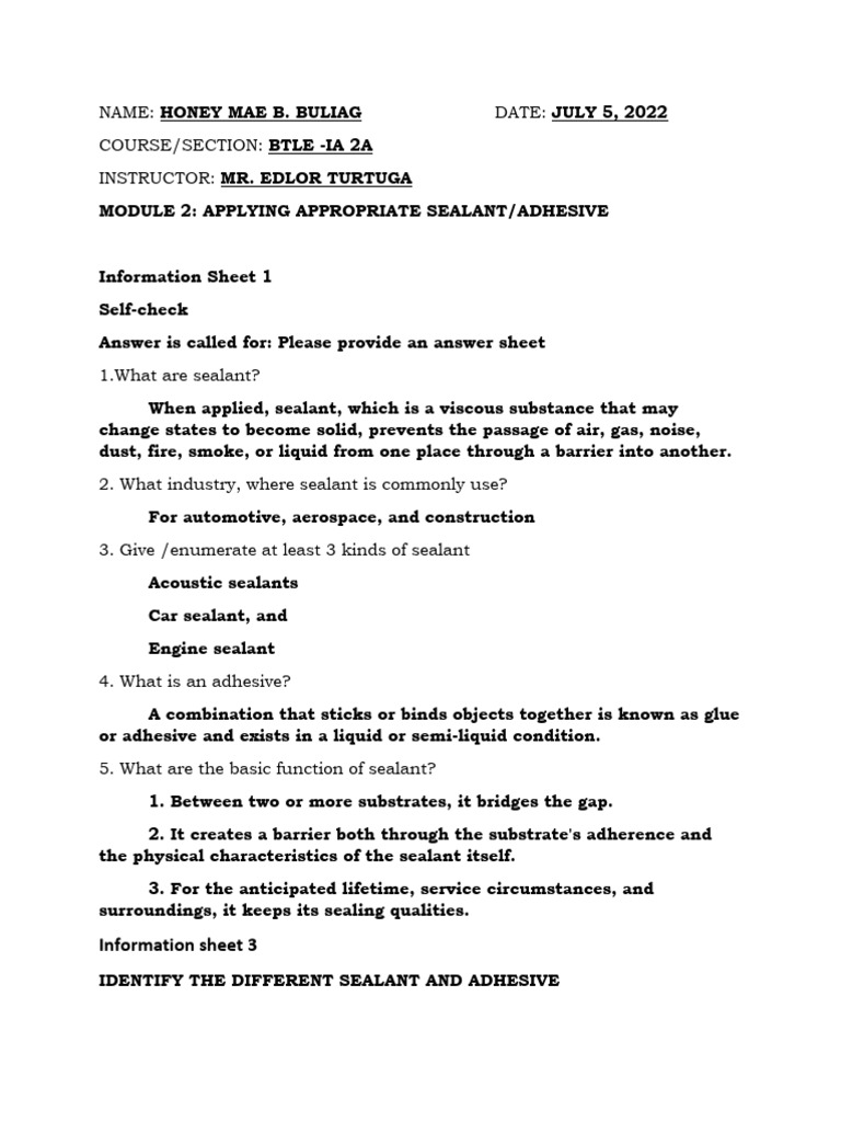 Module 2 - Applying Appropriate Sealant Adhesive | PDF | Adhesive ...