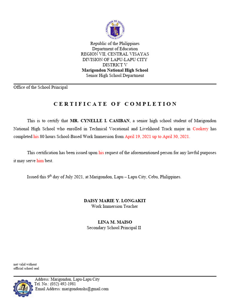 Work Immersion Certificate | PDF