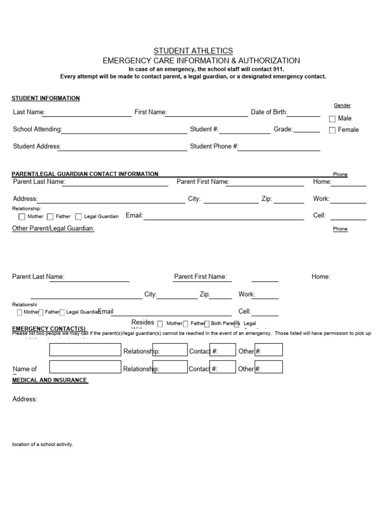Emergency Contact Form Athletics | PDF | Parent | Legal Guardian