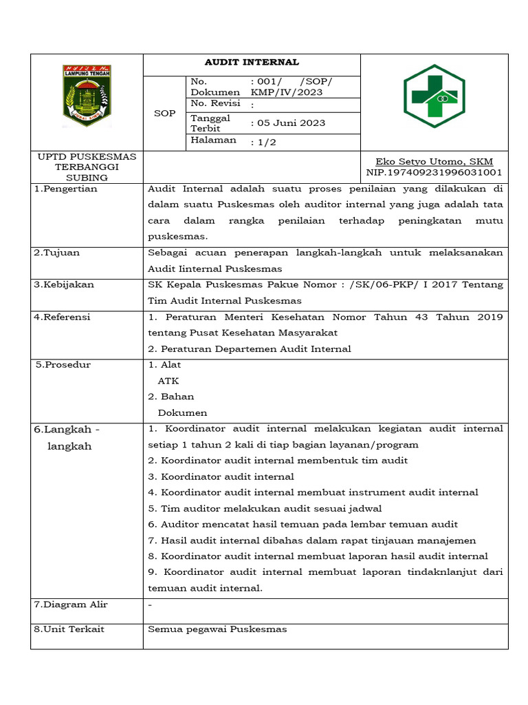 Audit Internal Puskesmas: SOP 2023 | PDF