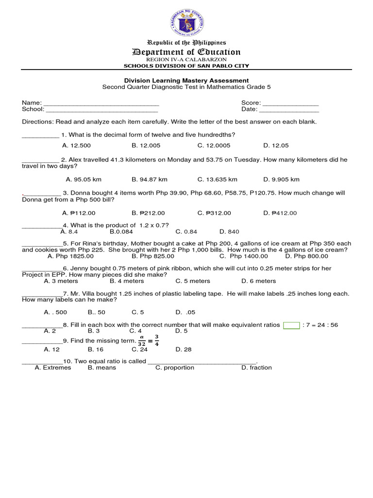 G5 Math Q2 Diagnostic Test DLMA | PDF