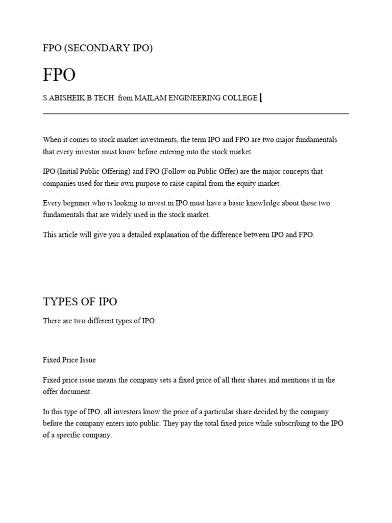 Fpo (Secondary Ipo) | PDF | Career & Growth