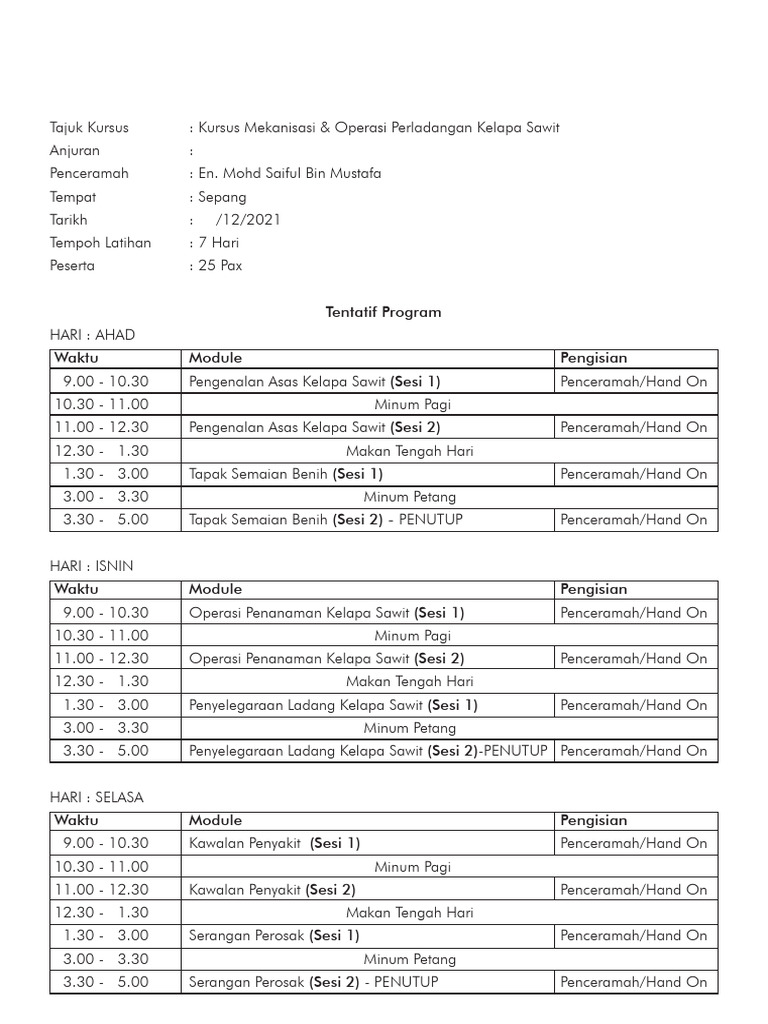 Kursus Mekanisasi Perladangan Kelapa Sawit | PDF