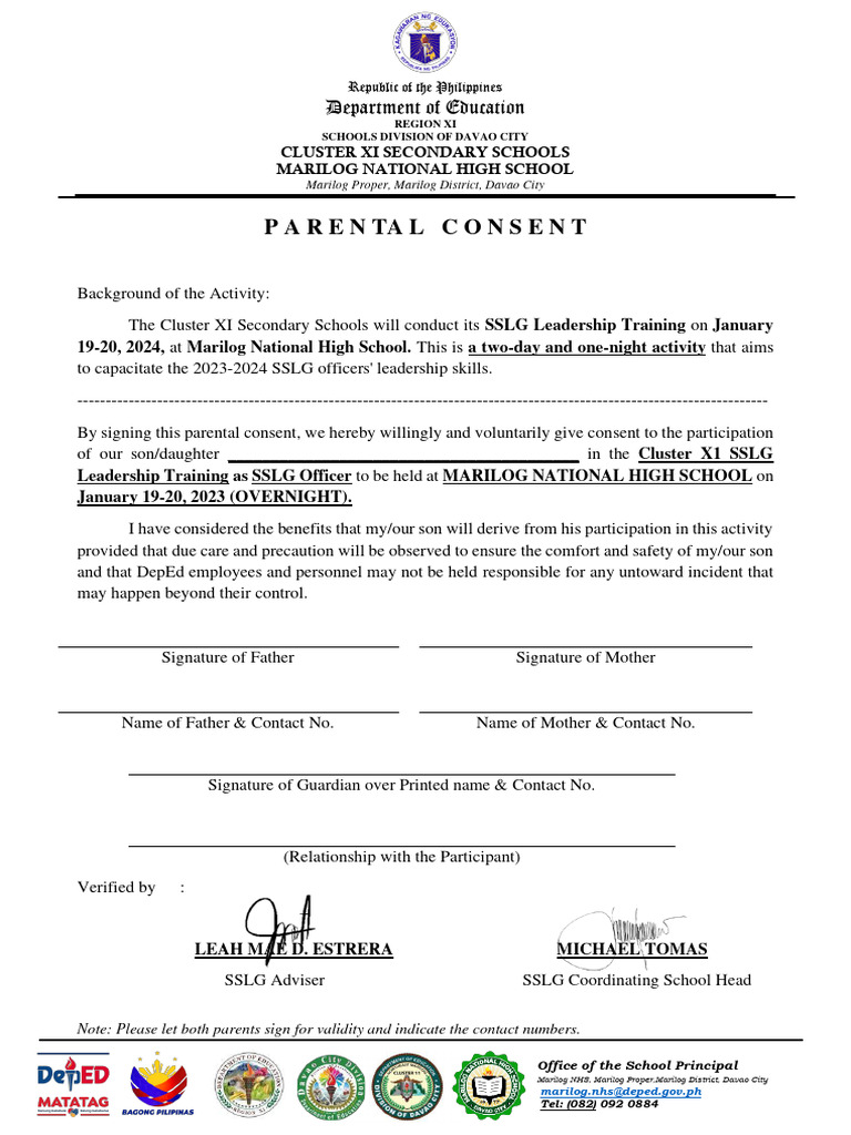Parental Consent for SSLG Training | PDF | Family | Social Institutions
