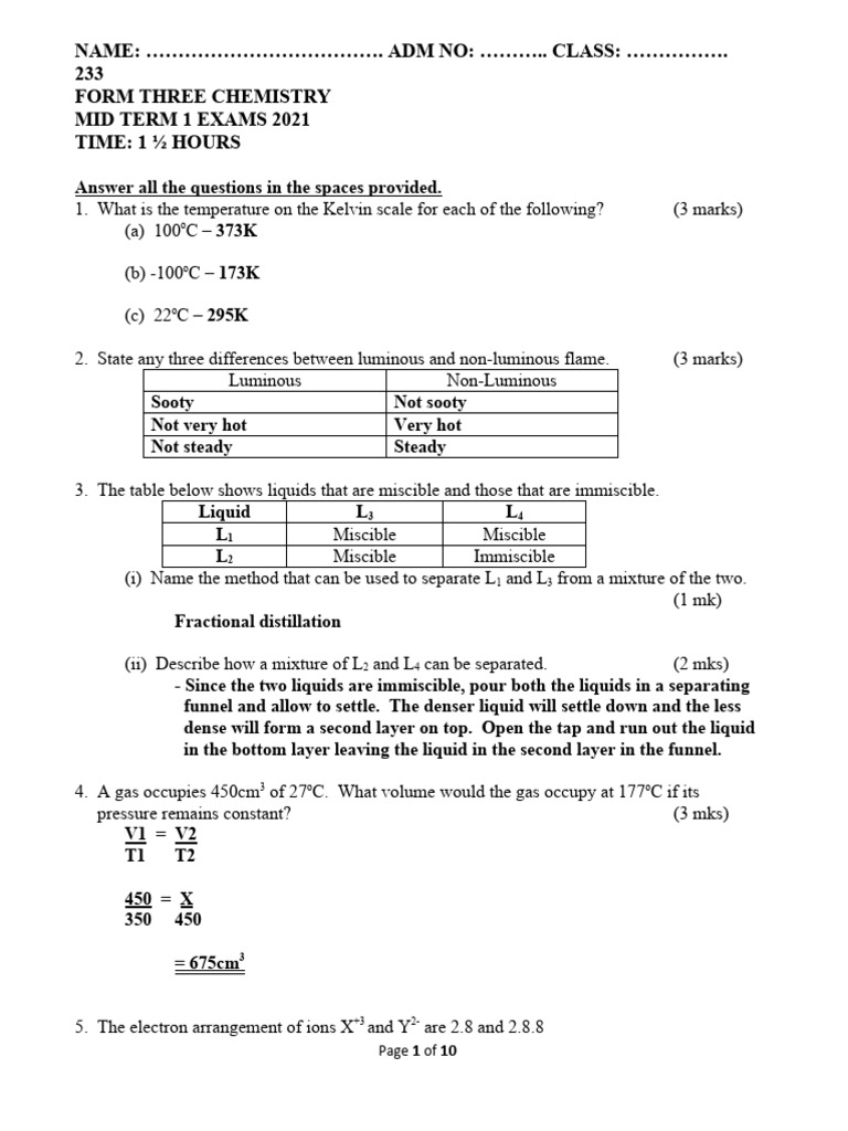 Set2 Chem Ms MidTerm 1 2021 Teacher - Co .Ke F3 Exam | PDF | Sodium Hydroxide | Chemical Bond
