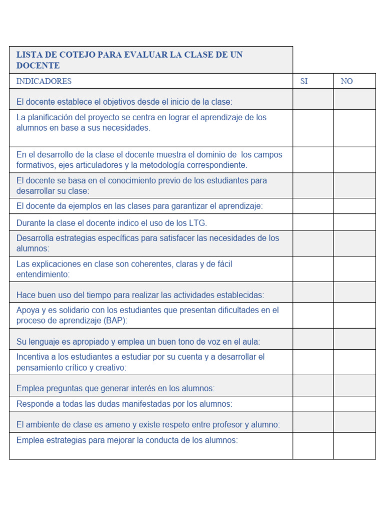 Lista de Cotejo Para Evaluar La Clase de Un Docente | PDF | Evaluación | Maestros