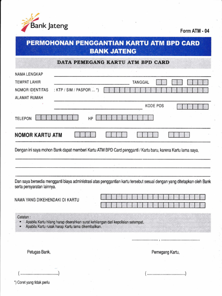 Formulir Pergantian Kartu Atm Bank Jateng | PDF