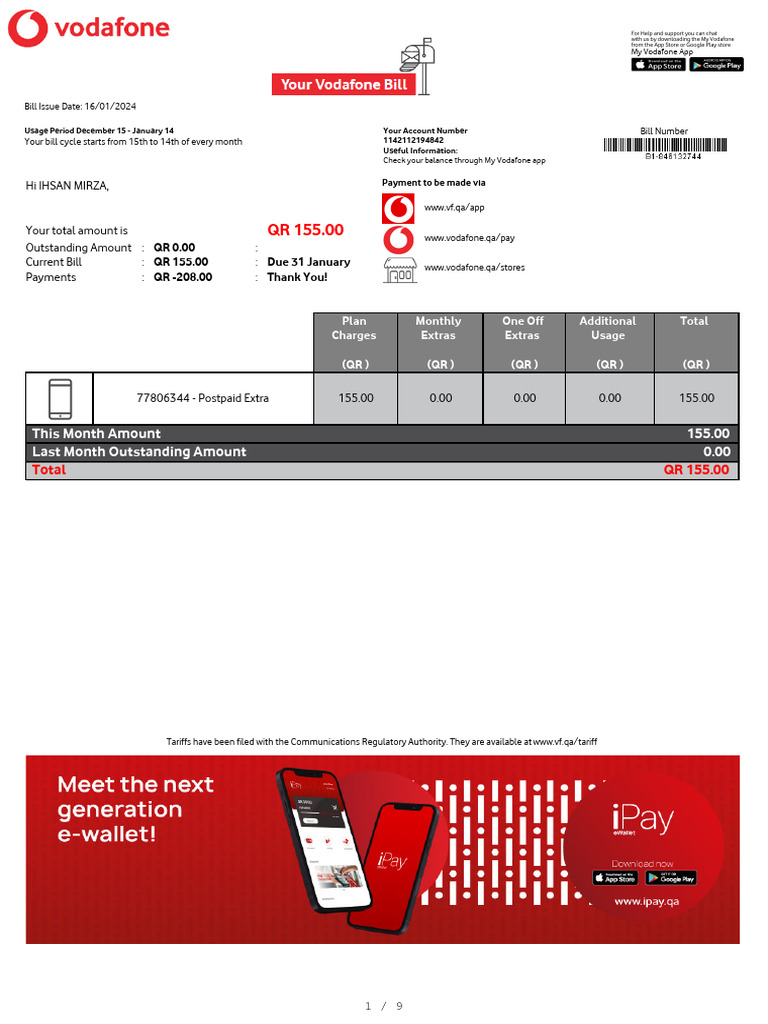 Vodafone Postpaid Bill Summary | PDF
