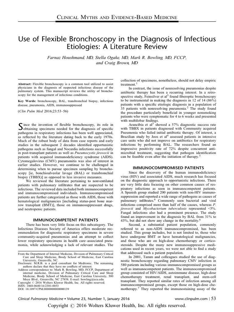 Use of Flexible Bronchoscopy in The Diagnosis of Infectious Etiologies ...