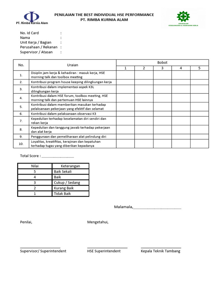 Form Penilaian The Best Individual Hse Performance - Revisi1 | PDF