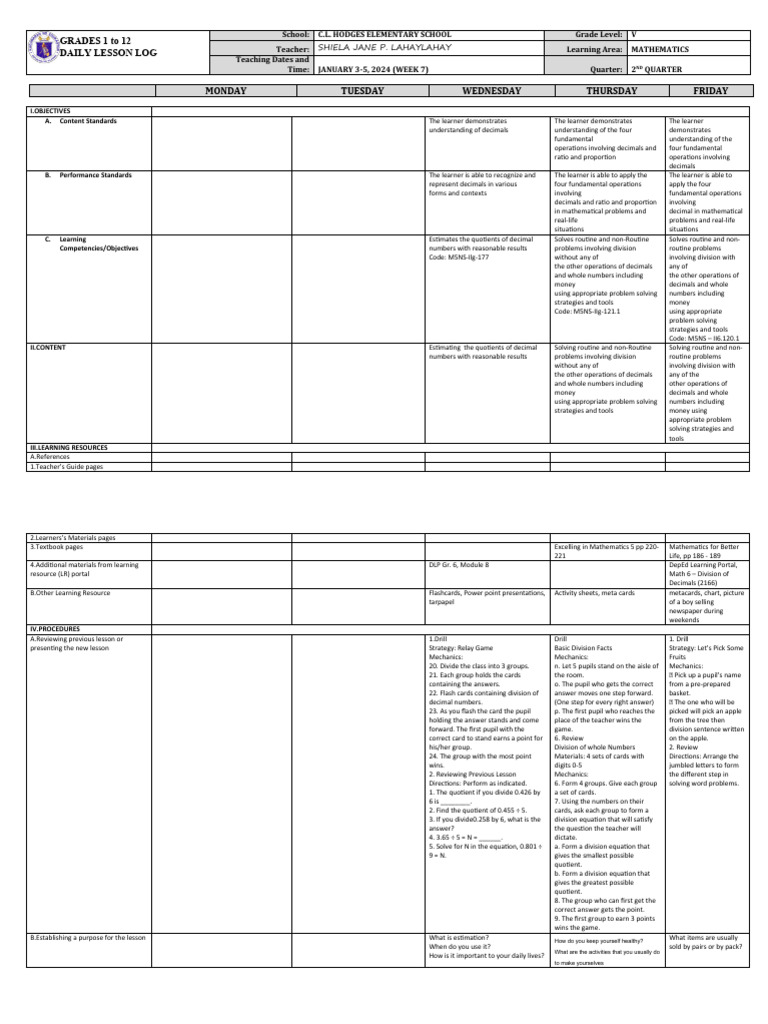 DLL - Mathematics 5 - Q2 - W7 | PDF | Flashcard | Learning