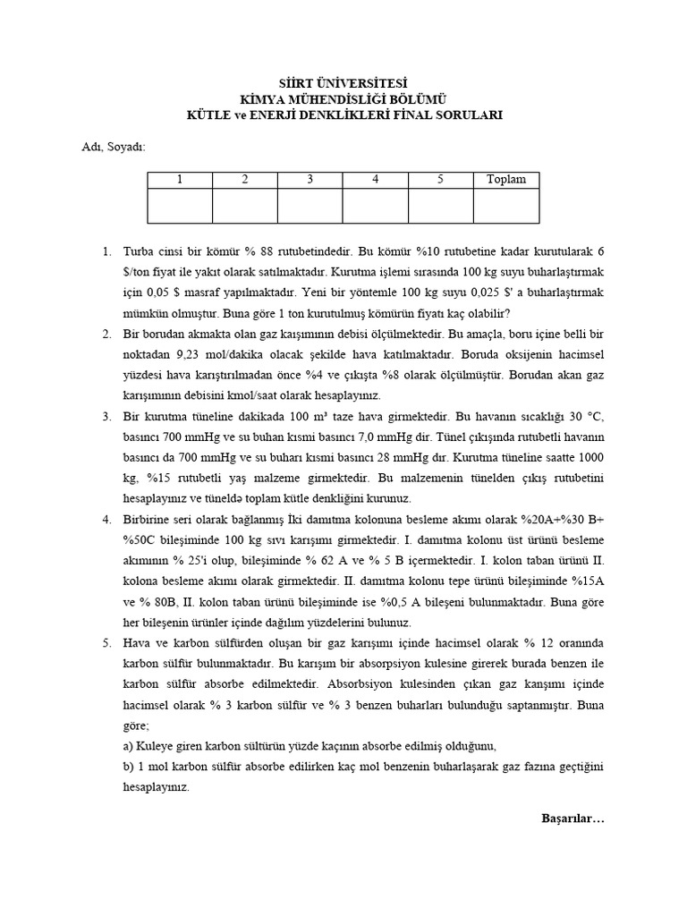 Kütle Enerji Denklikleri Vize Soruları | PDF