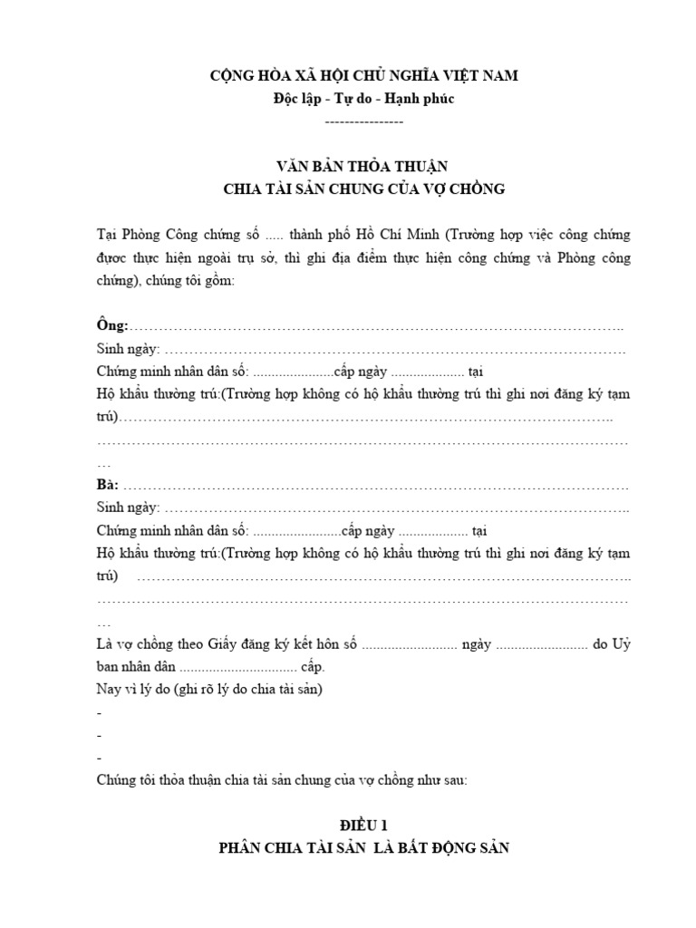 Mau Bien Ban Thoa Thuan Chia Tai San Sau Ly Hon | PDF