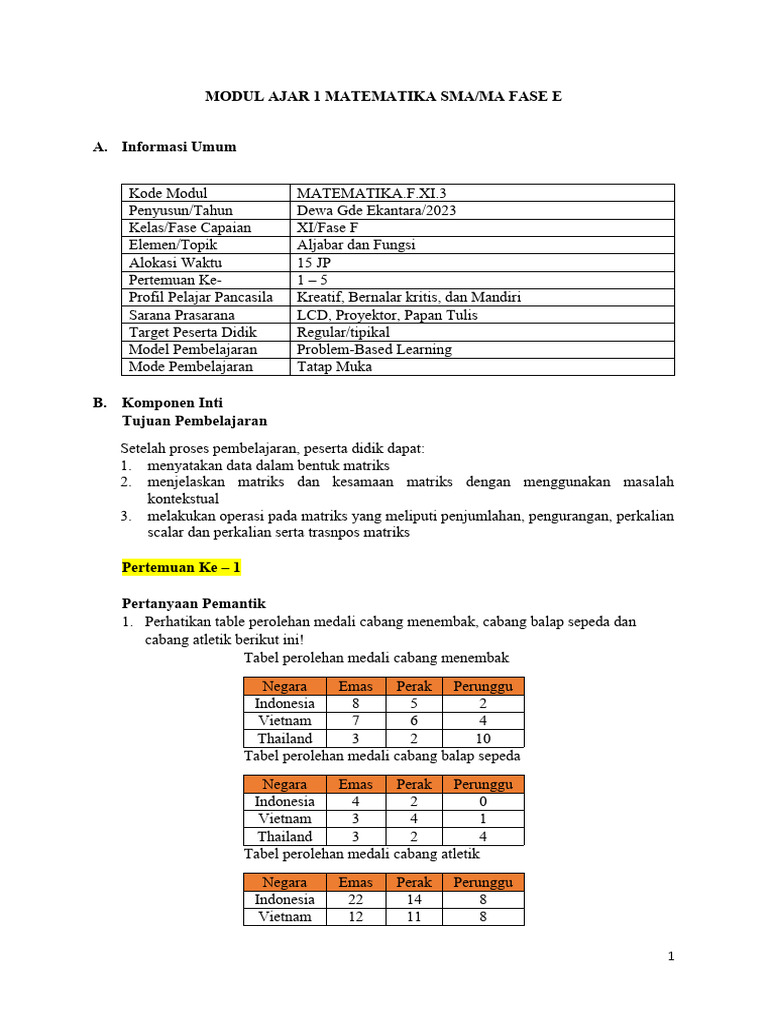 Modul Ajar 3 Matematika Sma Fase F Matriks | PDF