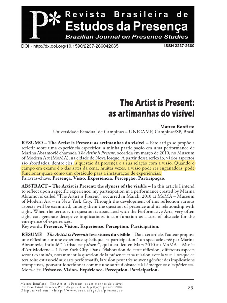 MATTEO BONFITTO - The Artist Is Present - As Artimanhas Do Visível | PDF