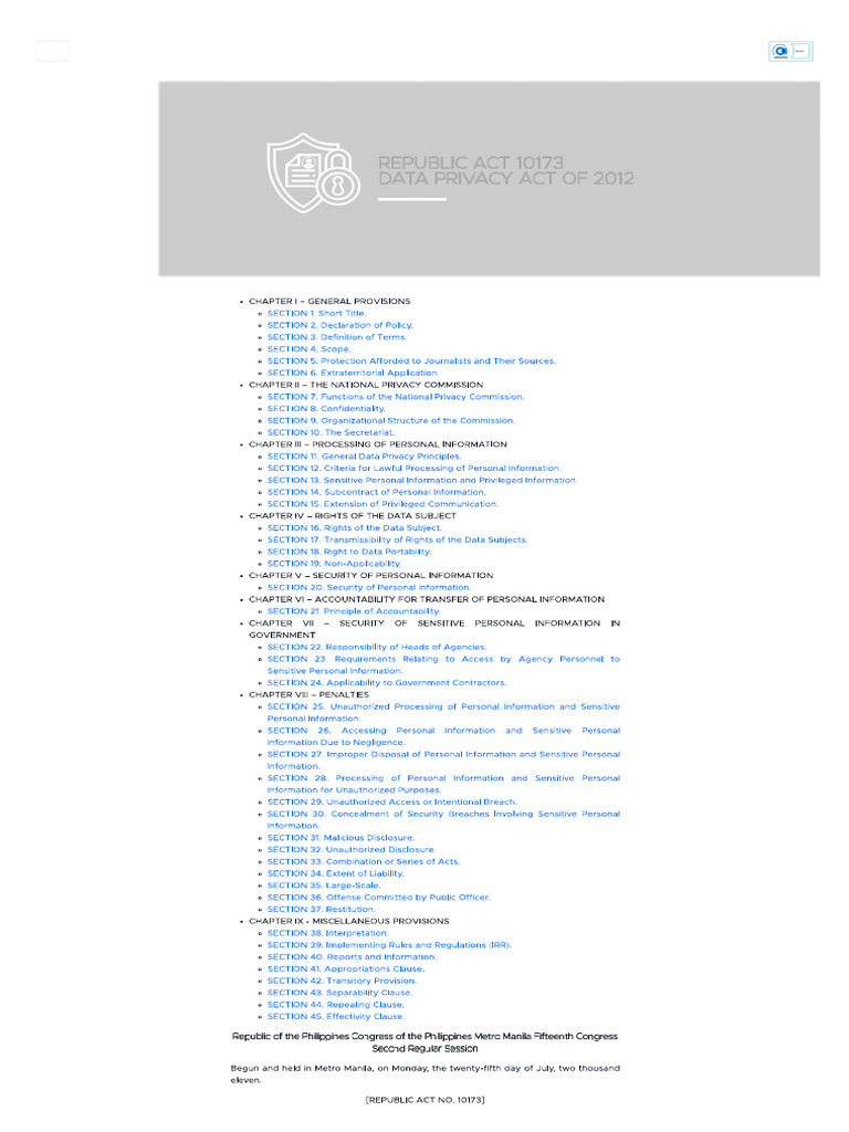 REPUBLIC ACT NO. 10173 - Data Privacy Act of 2012 | PDF