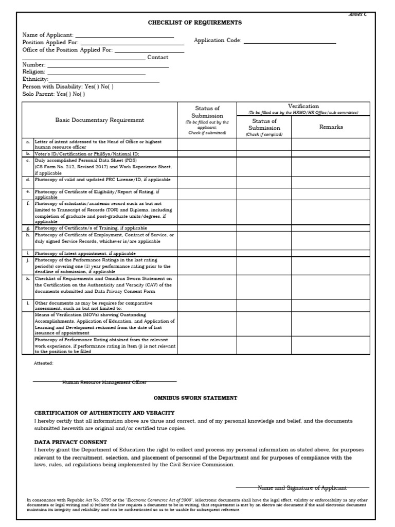 Job Application Requirements Checklist | PDF | Authentication