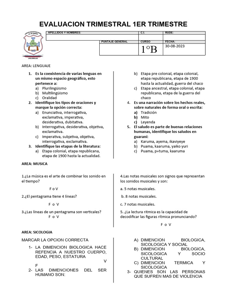 Evaluación Escolar Multidisciplinaria | PDF