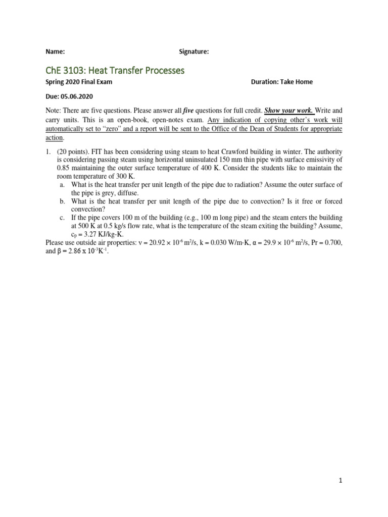 ChE+3103 Sp20 Final | PDF | Heat Transfer | Heat