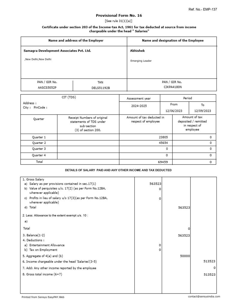 Abhishek - Provisional Form 16 | PDF | Taxes | Tax Deduction
