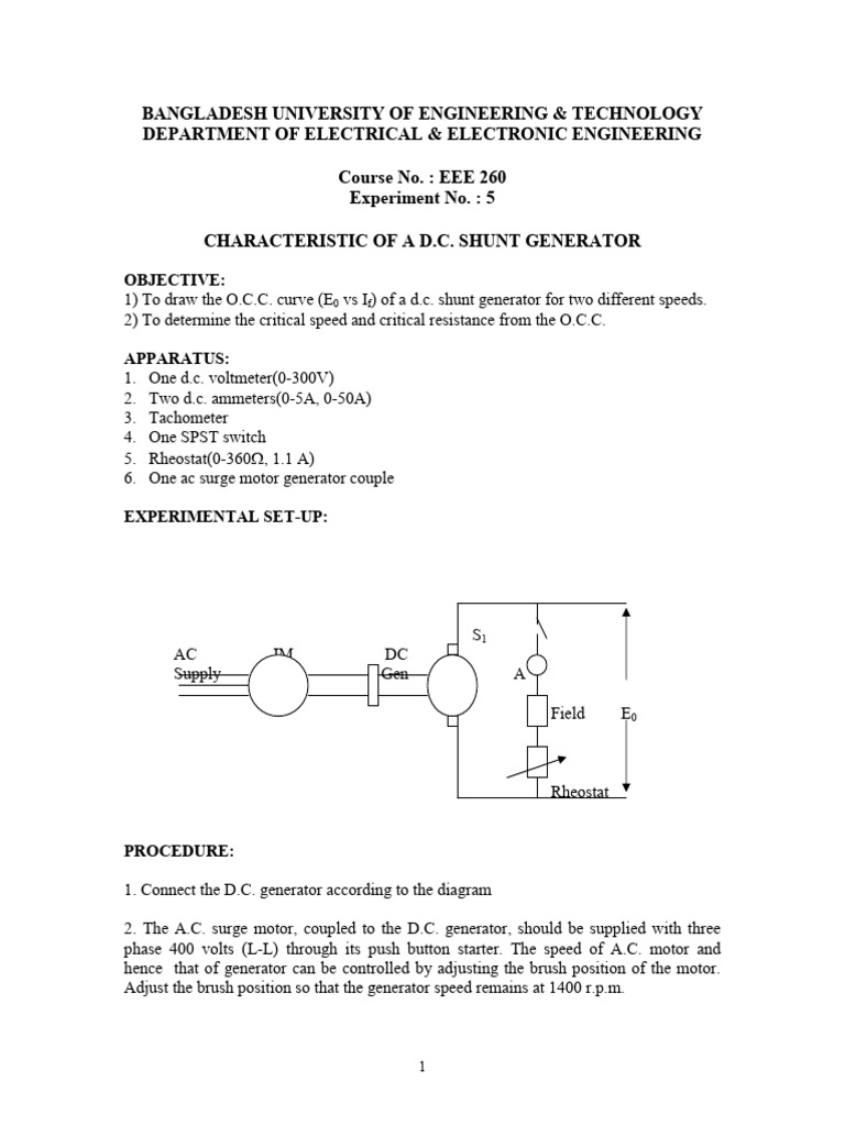 D.C. Shunt Generator Characteristics Experiment | PDF | Voltage ...