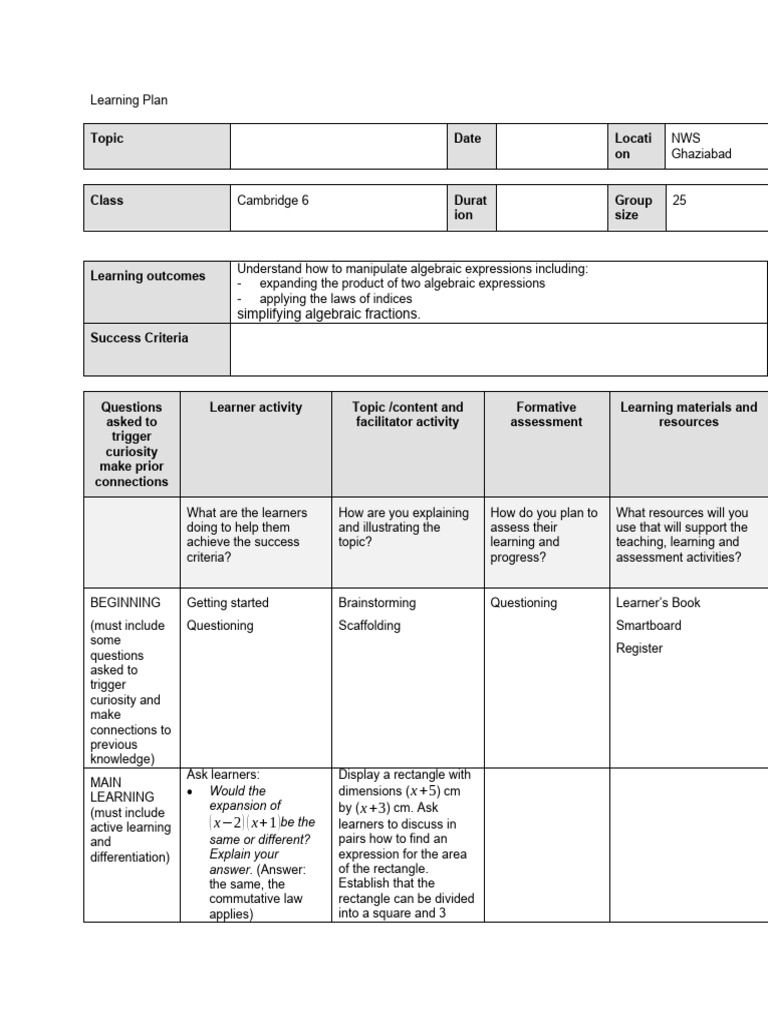 Algebra Learning Plan for Cambridge 6 | PDF | Art