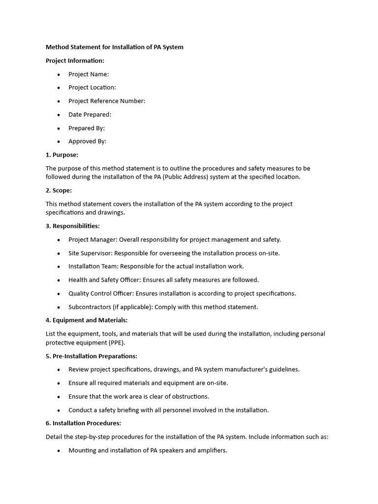 PA System Installation Method Statement | PDF | Safety | Personal ...
