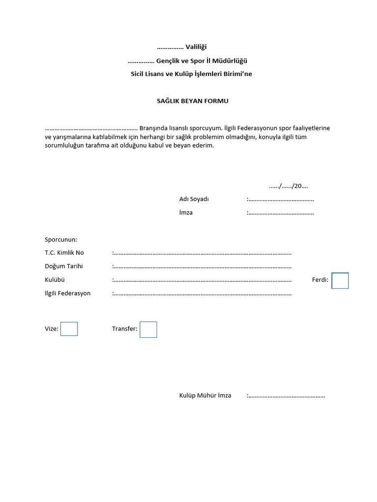 Sağlık Beyan Formu 18 Yaşından Büyük Sporcular Için | PDF