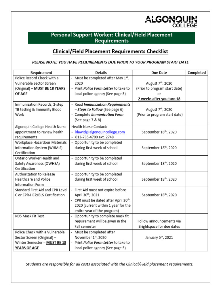 PSW Clinical Field Placement Requirements Policy 2020 | PDF | Vaccines ...