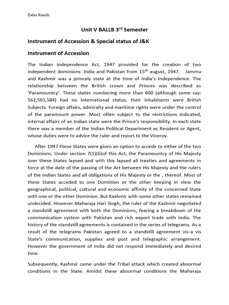 Instrument of Accession: J&K Overview | PDF | Government | Political ...