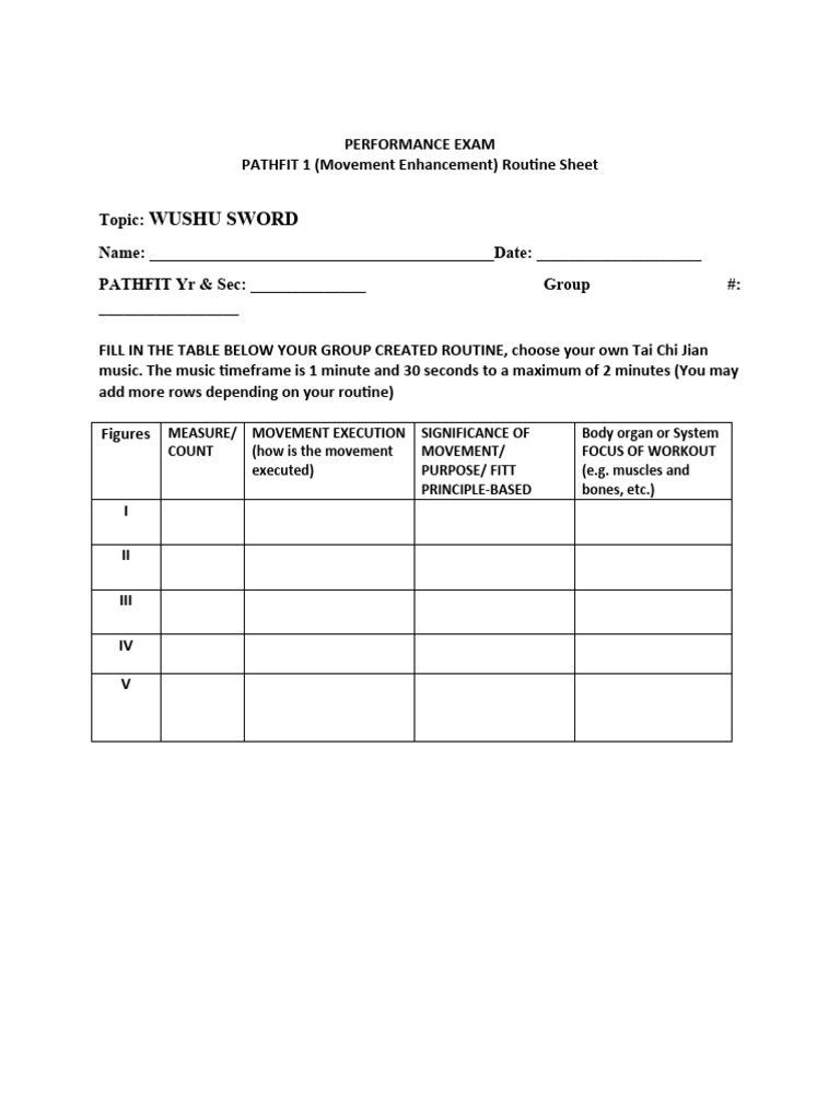 Wushu Sword Routine Sheet and Assesment Sheet | PDF | Computers