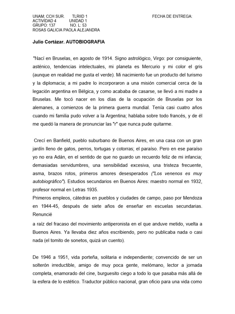 Biografía de Julio Cortázar: Vida y Obra | PDF