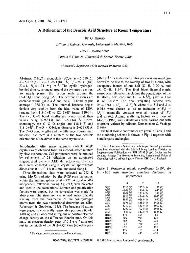 A Refinement of The Benzoic Acid Structure at Room | PDF | X Ray ...