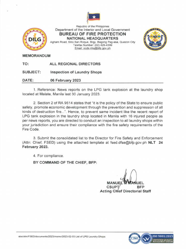 Memo ALL RD Inspection of Laundry Shops | PDF | Fire Safety | Public Sphere