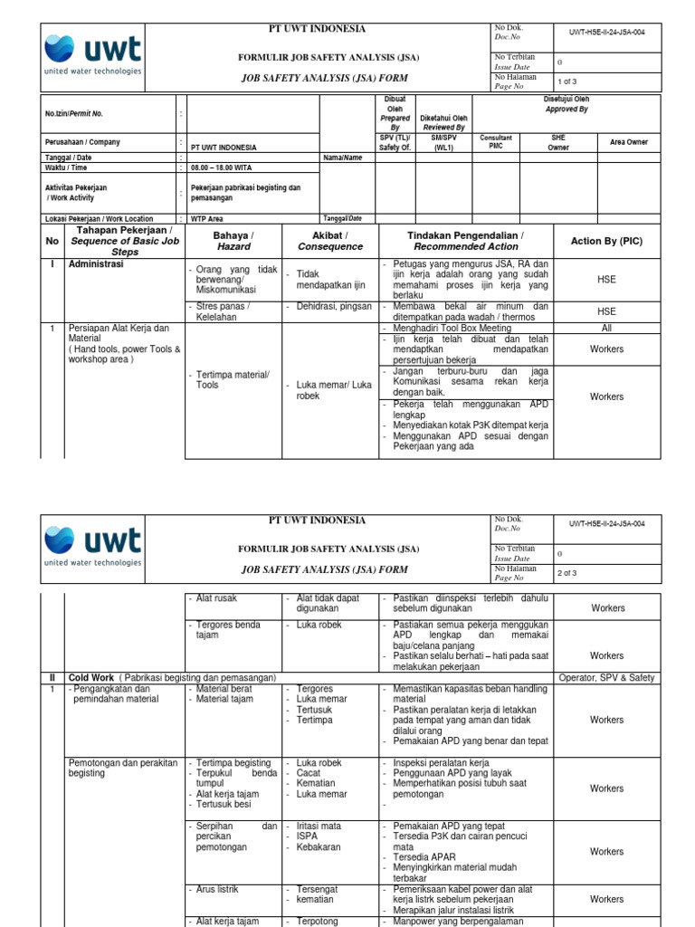 Formulir Analisis Keselamatan Kerja JSA | PDF