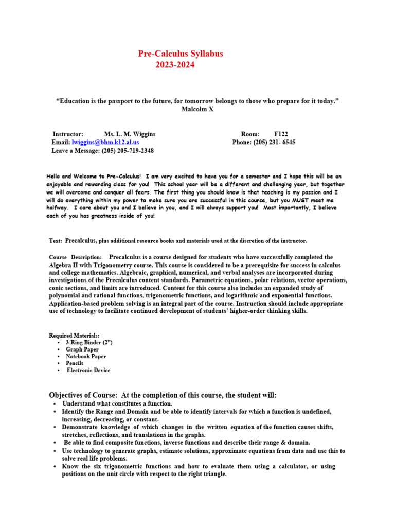 Precalculus Syllabus 2023-2024 | PDF | Trigonometric Functions ...