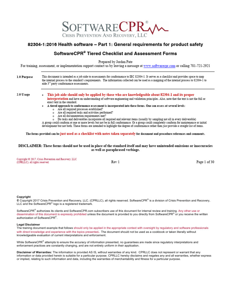 Scpred - 82304SoftwareCPR Checklist Rev1 | PDF | Verification And Validation | Software