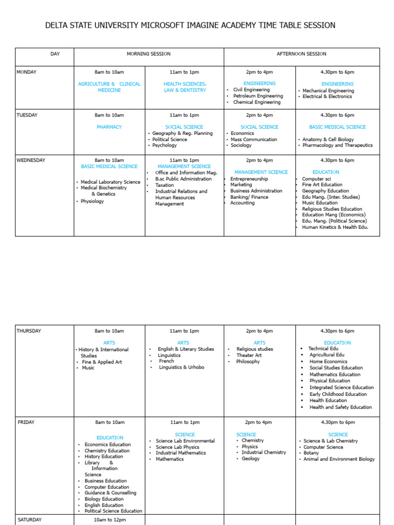 Delsu MIA Time Table 2023 2024 Update | PDF | Science | Engineering