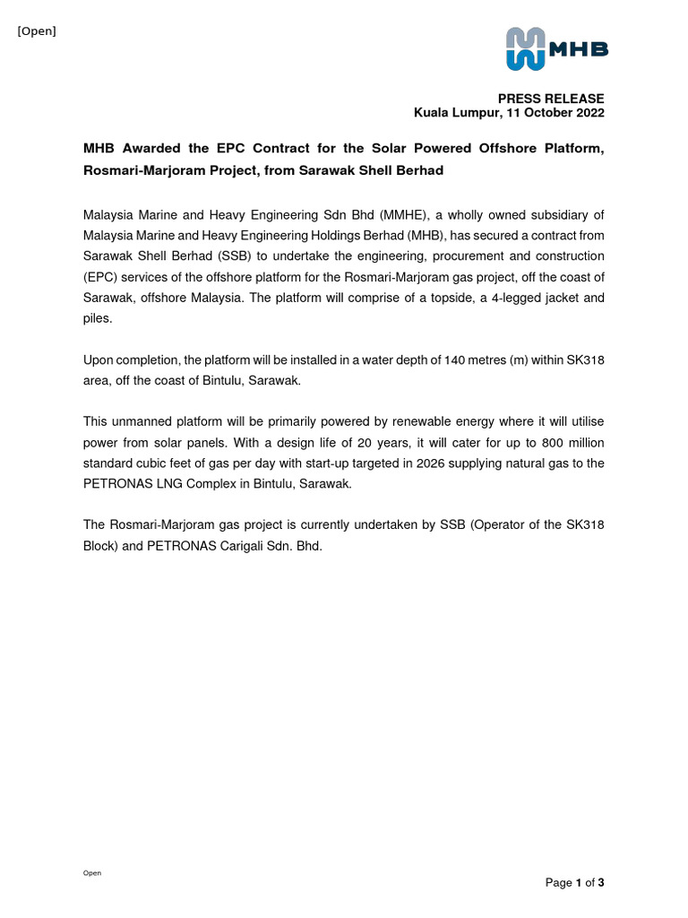 MHB Press Release EPC Contract For Rosmari Marjoram Project From Sarawak Shell Berhad. | PDF ...