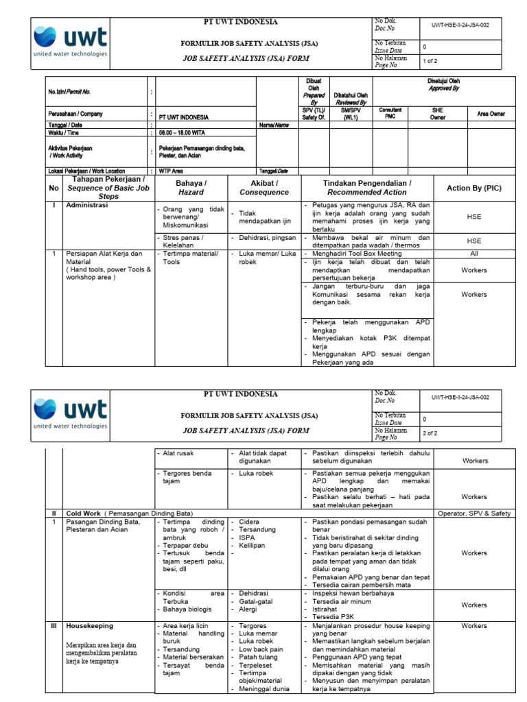 JSA-002 - Pemasangan Dinding Dengan Bata | PDF