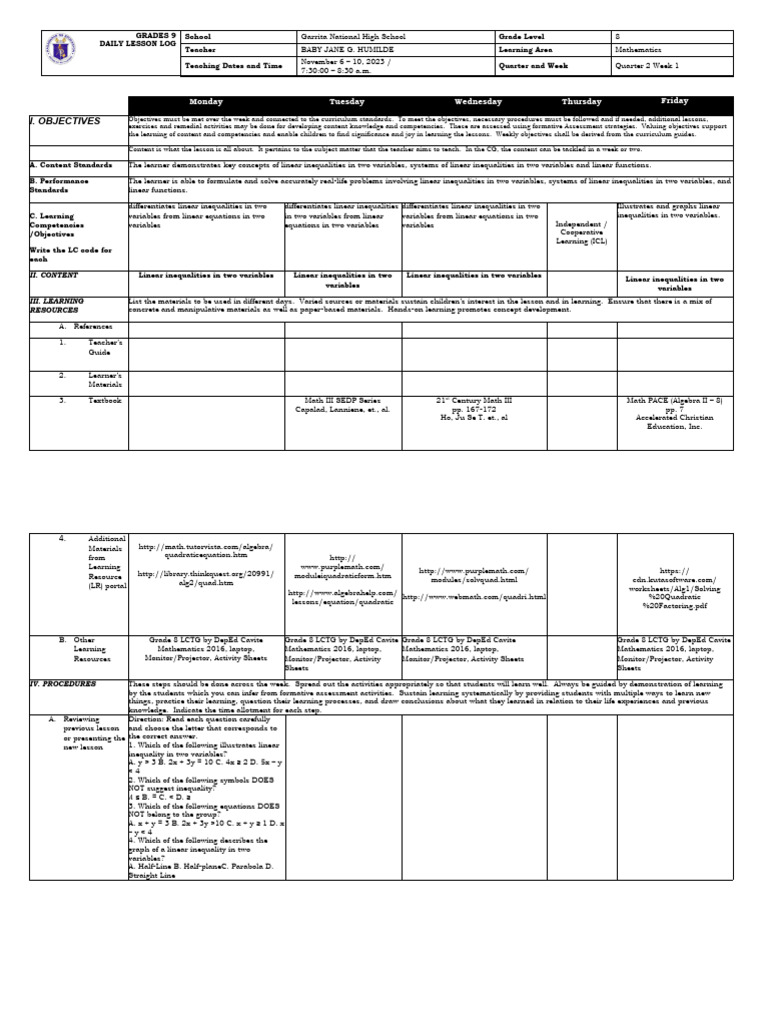 I. Objectives: Monday Tuesday Wednesday Thursday Friday | PDF | Mathematics | Variable (Mathematics)