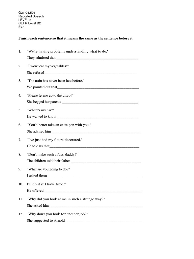 Reported Speech Exercises B2 Level | PDF