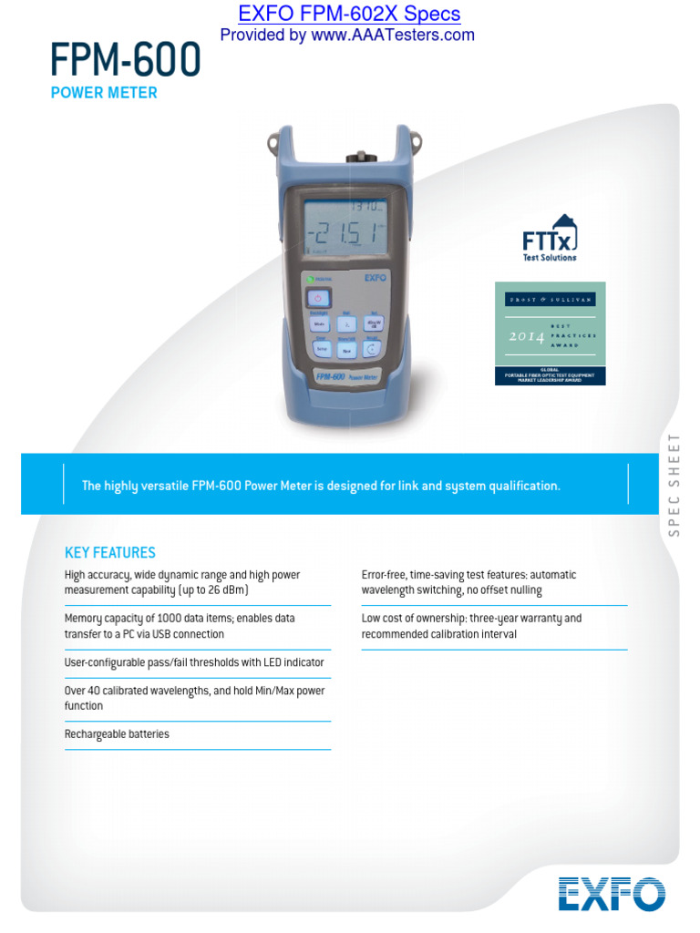Exfo fpm-602x Specifications Spec Sheet | Download Free PDF ...