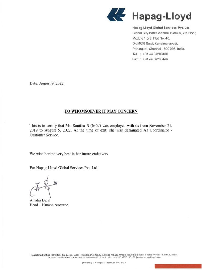 Experience Letter Hapag | PDF