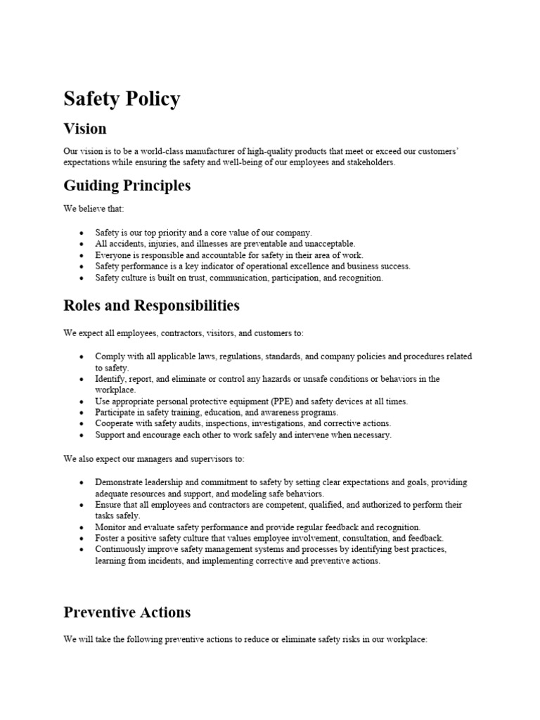 Safety Policy | PDF | Occupational Safety And Health | Safety