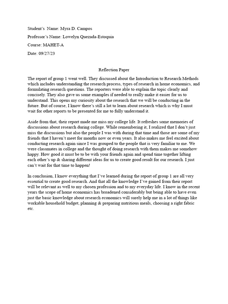 Reflection on Research Methods in Home Economics | PDF | Career & Growth