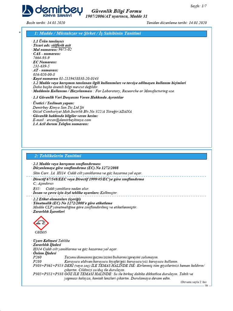 Sülfürik Asit Msds - 9675-02 - TR | PDF