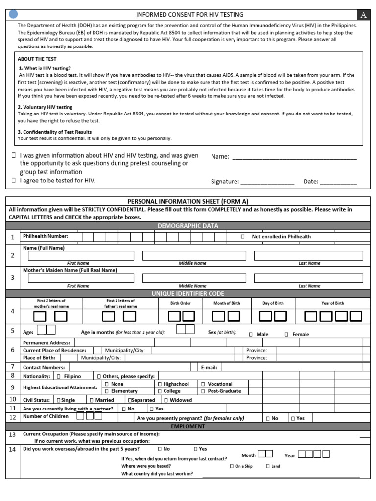 Informed Consent For Hiv Testing Doh-Nec Form A 2014 | PDF | Diagnosis ...