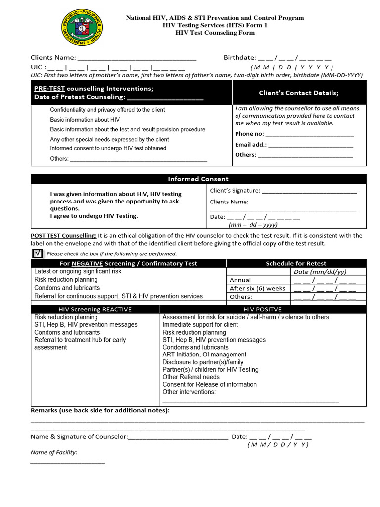 HIV Testing Services Form 1 | Download Free PDF | Sexually Transmitted ...