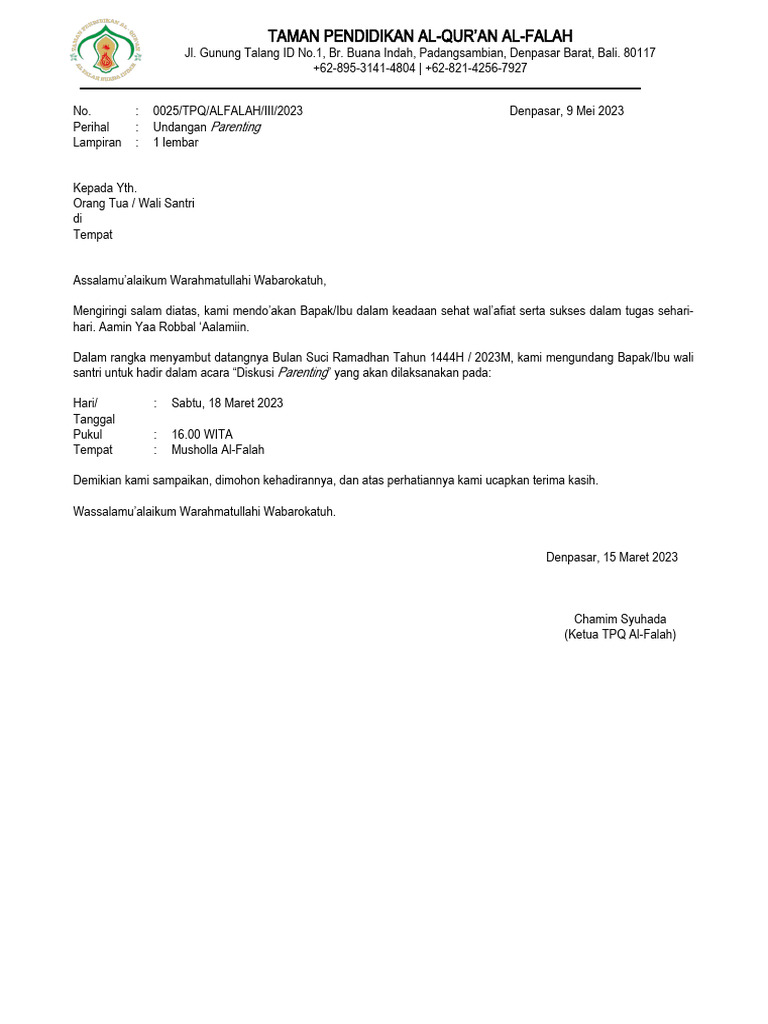 Undangan Parenting TPQ Al-Falah 2023 | PDF